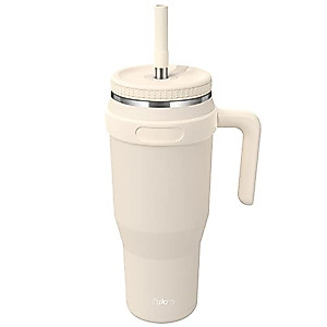 Zukro 50 oz Mug Tumbler with Handle and Screw on Lid, Vacuum Insulated Stainless Steel Tumbler with Straw Lid, Leakproof Straw Cup, Keeps Drinks Cold 30 Hours, Fit in Cup Holder - Beige