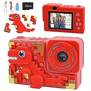 Kids Camera for Boys and Girls, Children Digital Video Toy Camera with Dinosaur Silicone Building Blocks, Selfie Camera for Kids, Christmas Birthday Festival Gifts for Age Above 6 with 32GB SD Card