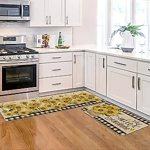 Artoid Mode Buffalo Plaid Sunflower Summer Kitchen Mats Set of 2, Hello Sunshine Spring Home Decor Low-Profile Kitchen Rugs for Floor - 17x29 and 17x47 Inch