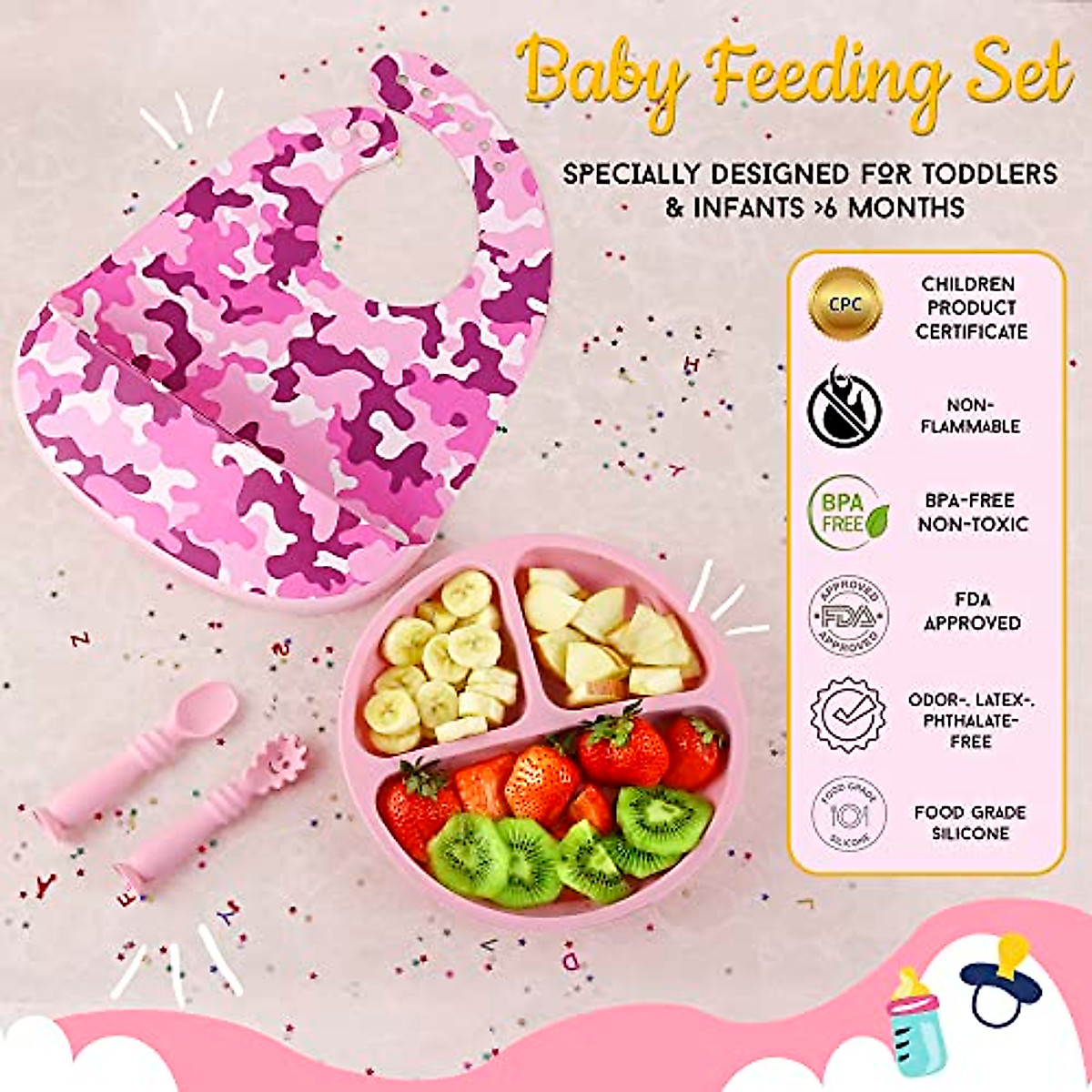 CHUPcheek Silicone Baby Feeding Set, Suction Plates for Baby, Adjustable Baby Bibs, Soft Spoon & Spork Suitable for Toddlers & Kids