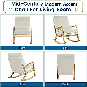 pazezog Rocking Chair,High Back Mid-Century Modern Accent Chair,Nursery Rocking Chair with Wooden Armrest,Upholstered Glider Rocker with Lumbar Pillow for Living Room