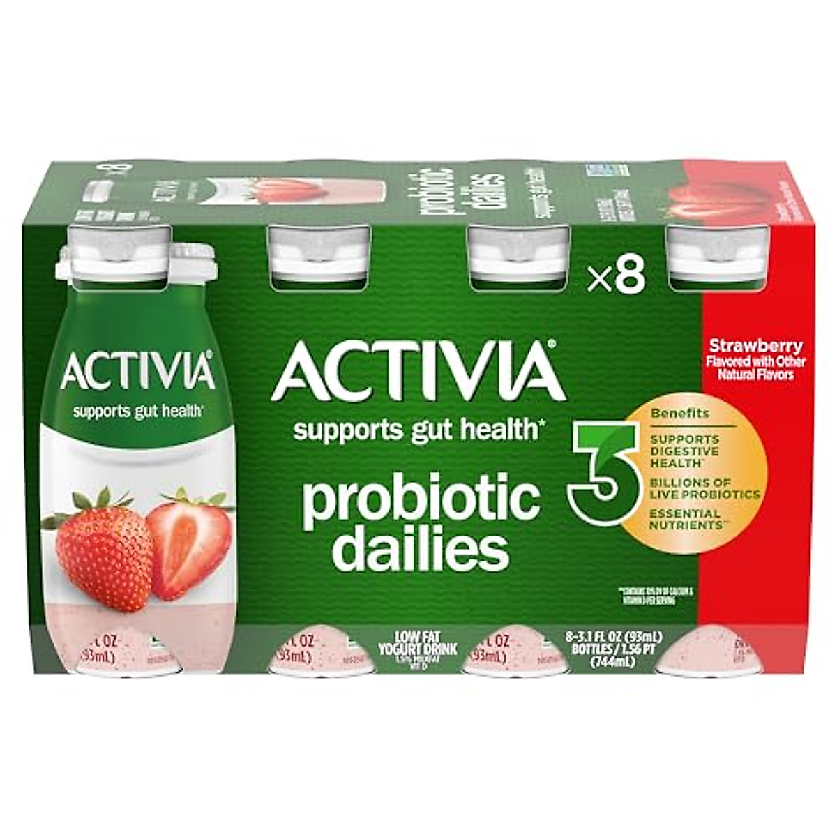 Activia Probiotic Dailies Strawberry Lowfat Yogurt Drinks, Delicious Daily Probiotic Yogurt Smoothie Drinks to Help Support Gut Health, 8 Ct, 3.1 FL OZ