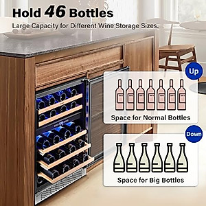 Yeego 24 Inch Wine Cooler, 46 Bottle Dual Zone Wine Refrigerator with Stainless Steel Tempered Glass Door,Memory Function, Fit Champagne Bottles, Wine Fridge Freestanding and Built-in