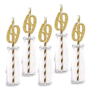 69th Birthday Paper Straw Decor, 24-Pack Real Gold Glitter Cut-Out Numbers Happy 69 Years Party Decorative Straws