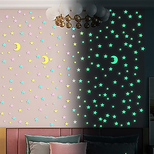 DTLIFEK 300PCS Glow in The Dark Stars Wall Decals Luminous Moon Stickers for Ceiling 3D Fluorescent Plastic Self Adhesive Starry Sky Glowing Stars and Moon Wall Art Decor for Kids Baby Bedroom Room