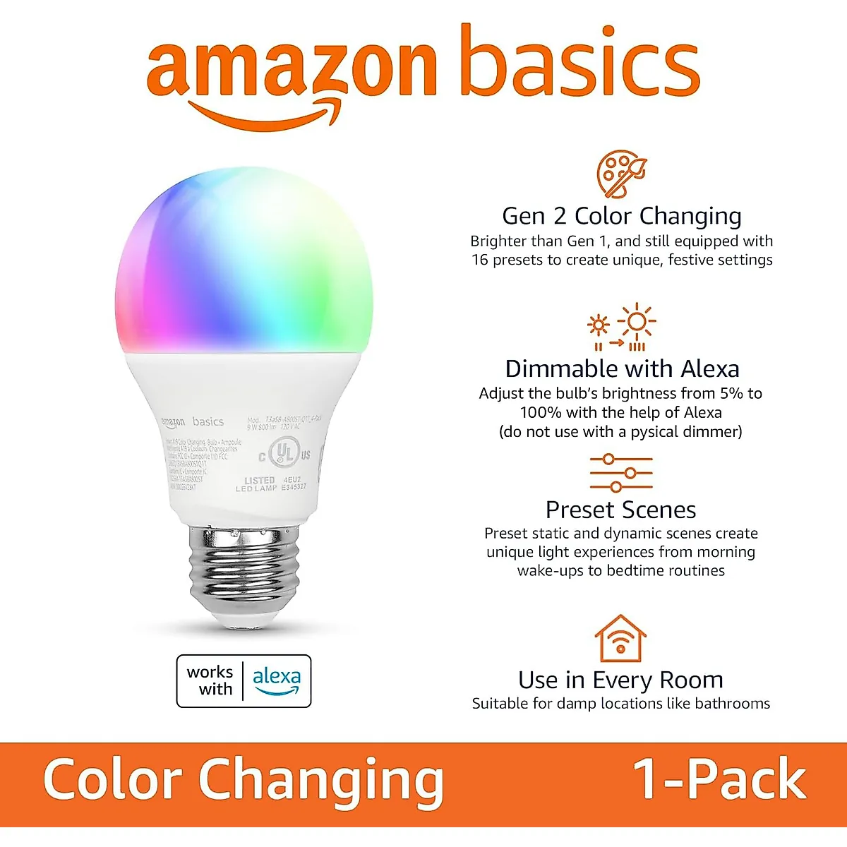 Amazon Basics Smart A19 LED Light Bulb, Color Changing, 9W (60W Equivalent), 800LM, Works with Alexa Only, 2.4 GHz Wi-Fi, No Hub Required, 1-Pack