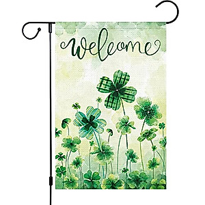 Welcome Spring St. Patrick's Day Garden Flag 12x18 Double Sided Vertical, Burlap Small Mini Lucky Shamrock Clover Yard Flag Banner Happy Saint Patrick's Sign for Home Outside Outdoor Decor (ONLY FLAG)