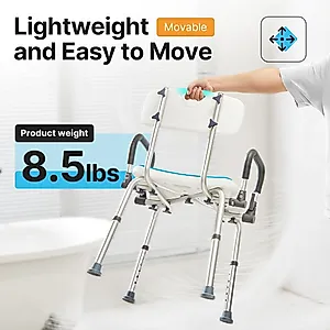 HEAO Shower Chair for Elderly Heavy Duty 400lbs, Cut Out Shower Seat with Drop Arms and Detachable Backrest, Handicap Bath Bench (4 Small Rubber Feet & 4 Big Suction Cups Replacement)