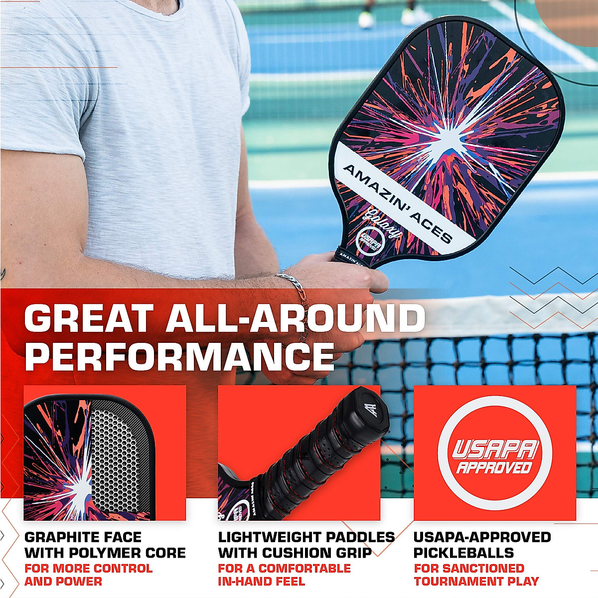 Amazin' Aces Galaxy Pickleball Paddles Set of 2, Pickleball Rackets w/ 4 Pickleball Outdoor Balls & 1 Pickleball Bag, for Sports & Outdoors Fun, USAPA Approved