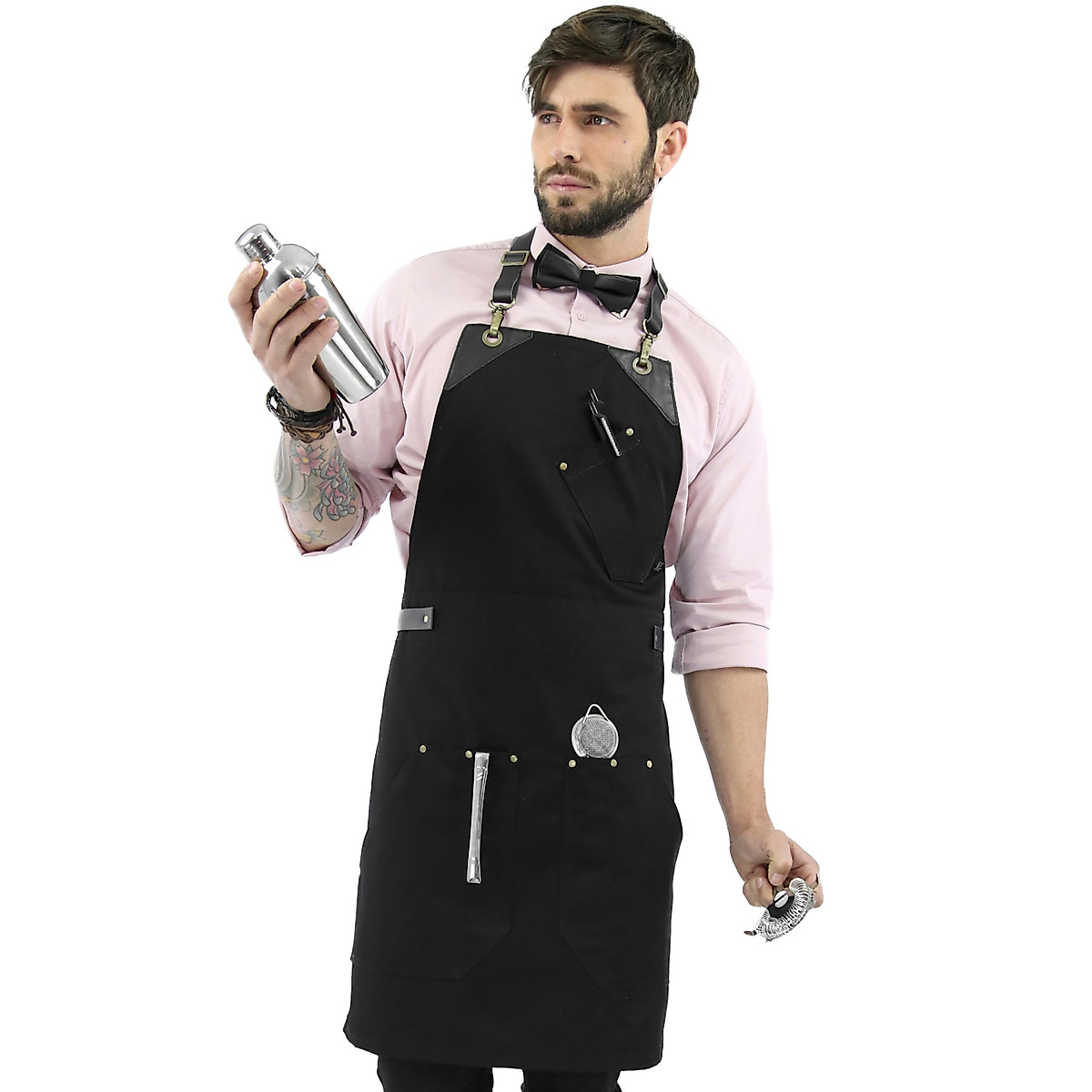 Under NY Sky Barista Apron - Black Leather Straps and Reinforcement - Riveted Pockets - Double Stiched - Leather Ring Loop - Professional Black Twill - Double as Half Bistro Apron - Chefs, Bartender