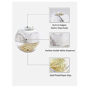 100pcs 28mm Gold Paper Clips Medium in White Marble Paper Clips Holder Dispenser Round Paperclips Storage Case for Office Desk Organizer Accessories (Marble)