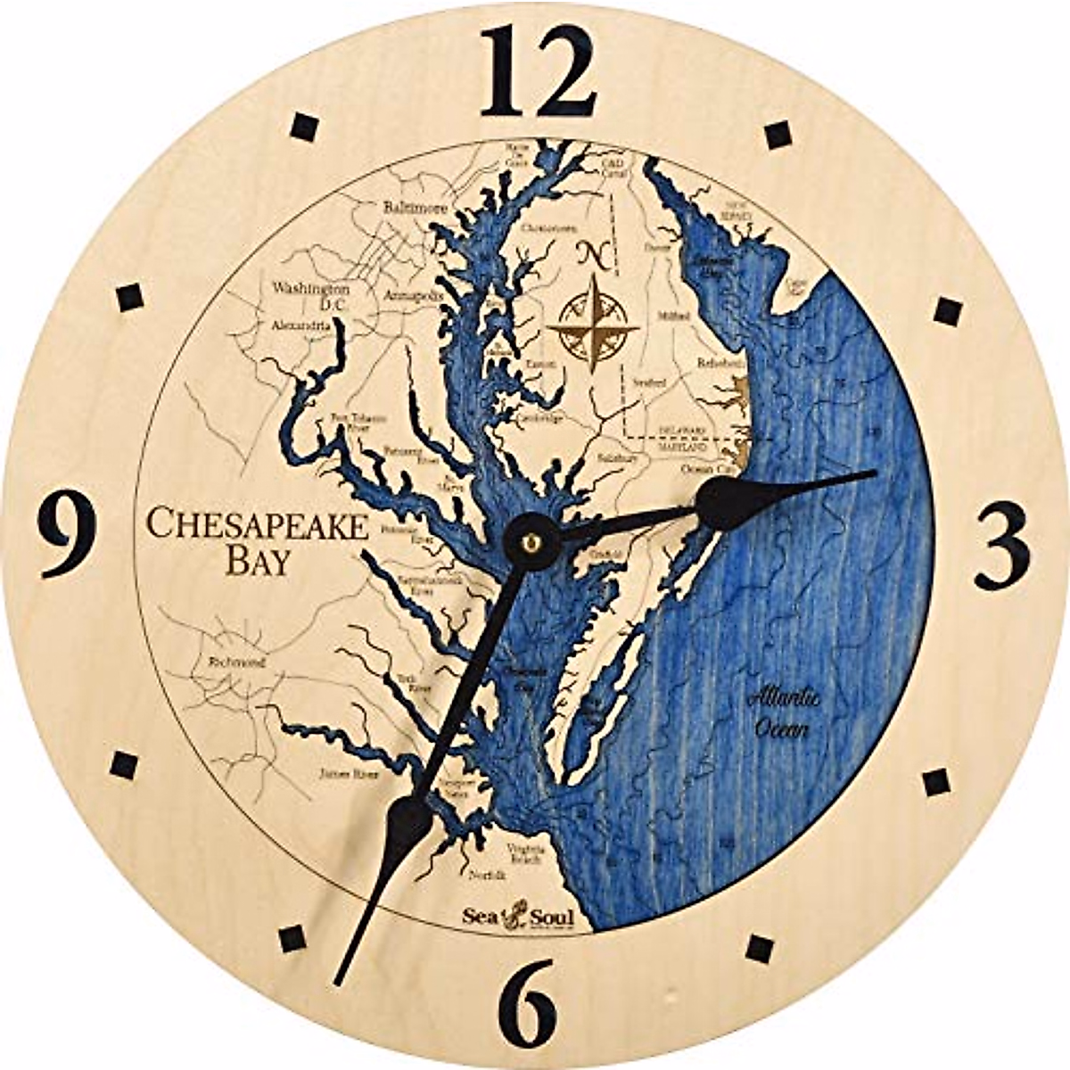 Sea & Soul Chesapeake Bay 3-D Nautical Wood Chart 12" Wall Clock, Handcrafted in The USA, Topographic Water Map Clock, Carved Lake Art Wall Clock, Coastal Décor (Deep Blue)