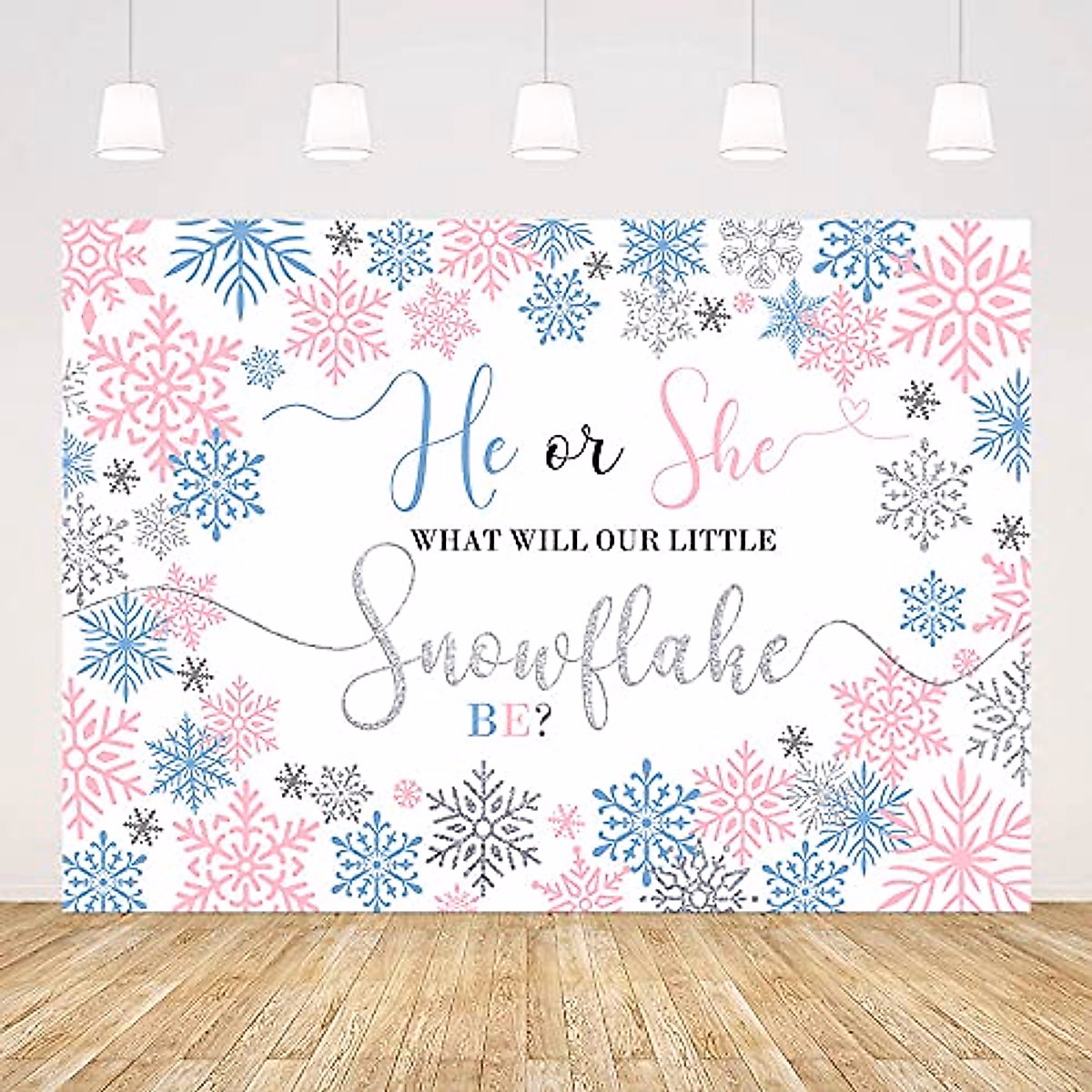 ABLIN 8x6ft Snowflake Gender Reveal Backdrop He or She What Will Our Little Snowflake Be Theme Party Banner Blue Pink Snowflakes Photography Background Decor Photo Booth Props
