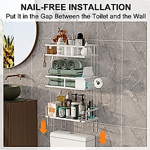 Fokyfok Over Toilet Bathroom Organizer,Over The Toilet Storage Shelf, Toilet Shelf with Toilet Paper Holder,Bathroom Shelf Over Toilet,3 Tier Toilet Storage Rack White Metal