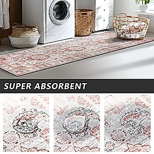 MELAJIA Boho Kitchen Rugs Sets of 3 Non Slip Washable Pink Durability Laundry Room Mat for Washer and Dryer Easy to Wipe Low-Profile Runner Rug for Hallway Entryway Bathroom