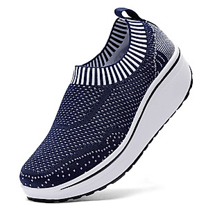 DADAWEN Women's Slip On Breathable Walking Shoes Comfort Fitness Wedge Platform Sneakers Navy US Size 7.5