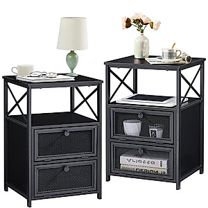 VECELO Black End Side Table, Modern Night Stand with Storage Space and Door, Set of 2 Nightstands with Flip Drawers for Living Room,Bedroom,Lounge