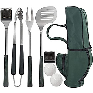 Grilljoy 8pcs BBQ Grill Tools Set. Extra Thick Stainless Steel Fork, Spatula,Tongs& Cleaning Brush - Complete Golf-Style Grilling Accessories with Long Heat-Resistant Grip