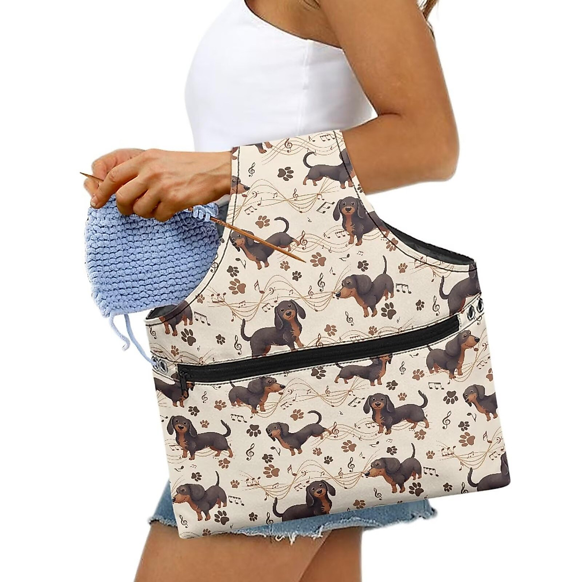 doginthehole Cute Dachshund Yarn Bag Knitting Bag Storage for Crocheting Accessories, Kawaii Dog Knitting Bag Crochet Hook Case Organizer Crochet Bag Kit for Beginners, Large Size