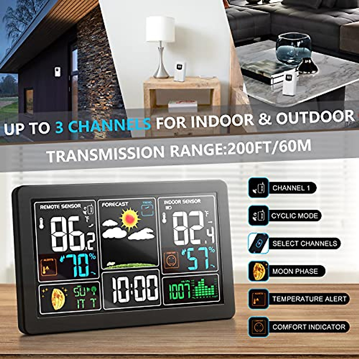 Weather Station Wireless Indoor Outdoor Thermometer, Humidity Temperature Monitor with Atomic Clock, Weather Forecast, Calendar and Alarm, Adjustable Backlight