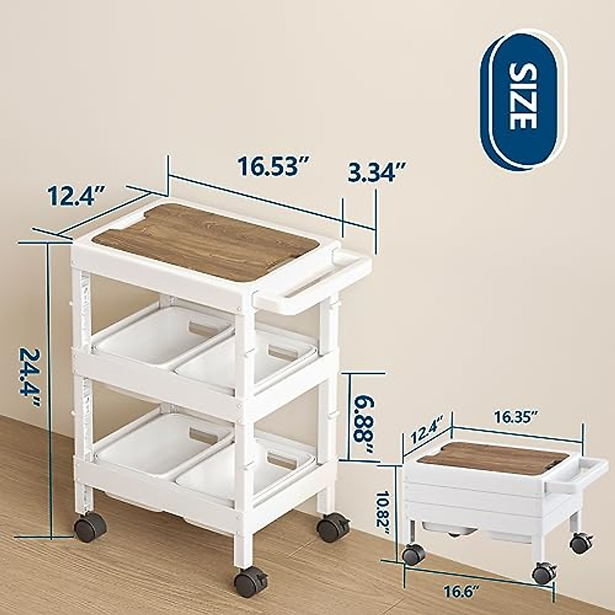 KLONVS 3-Tier Plastic Rolling Utility Cart with Handle, Multi-Functional Storage Trolley for Office, Living Room, Kitchen, Movable Storage Organizer with Wheels, White