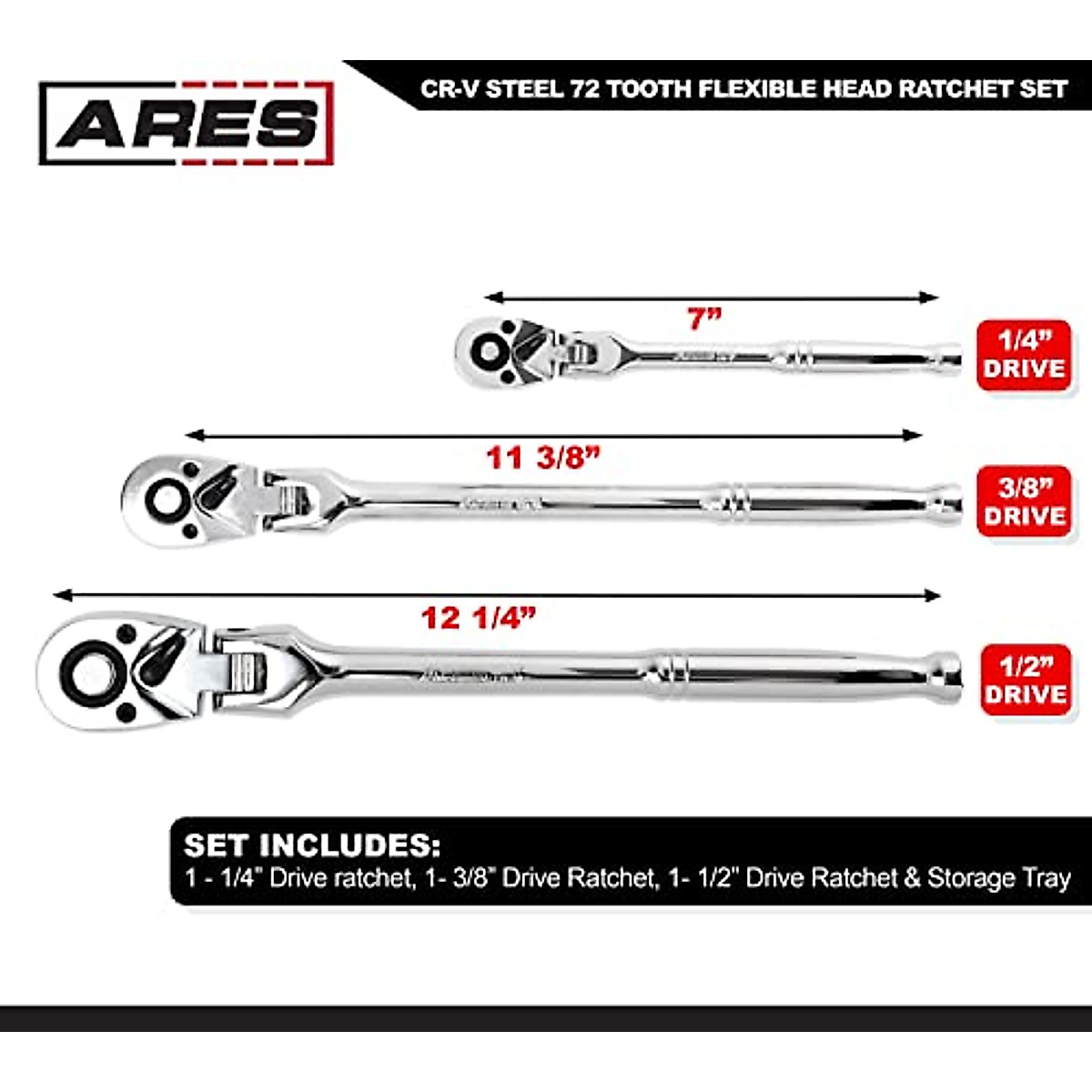 ARES 42028-3-Piece 72-Tooth Flex Head Ratchet Set - Premium Chrome Vanadium Steel Construction & Chrome Plated Finish - 72-Tooth Quick Release Reversible Design with 5 Degree Swing