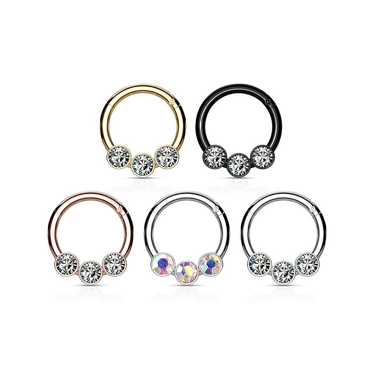 Pierced Owl 16G Stainless Steel Triple Crystal Helix Cartilage Daith Septum Hinged Segment Ring (Silver Tone/Aurora Borealis)