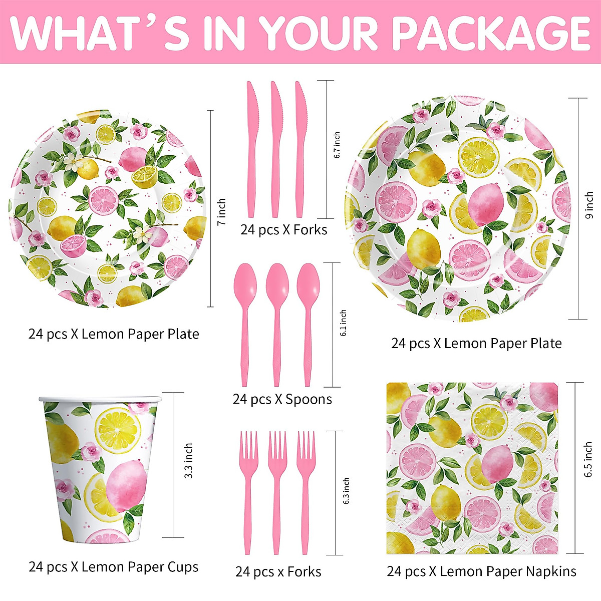 Suhelkit Lemon Party Decorations Tableware For Girls - Lemon Birthday Party Supplies, Plate, Napkin, Cup, Cutlery, Summer Pink Lemon Baby Shower Bridal Shower Table Decorations Dinnerware | 24 Guests