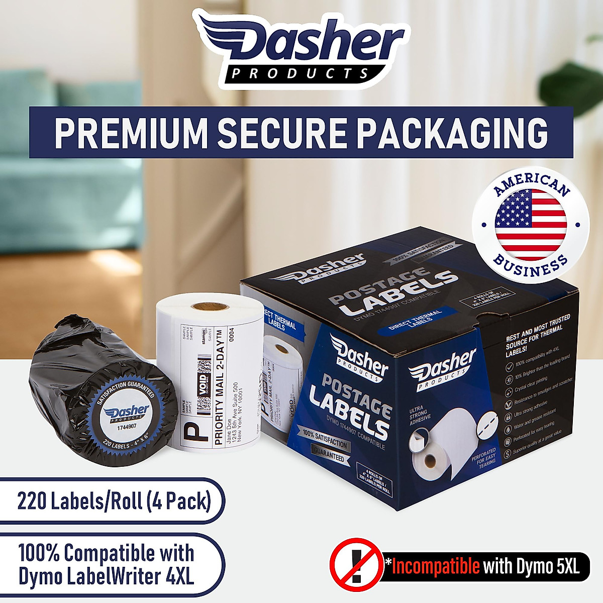 Dasher Products Shipping Labels Compatible with Dymo LabelWriter 4XL 1744907 4x6 Thermal Postage Labels, Water & Grease Resistant, Ultra Strong Adhesive, Perforated, BPA Free, 220 Labels/Roll (4 Pack)