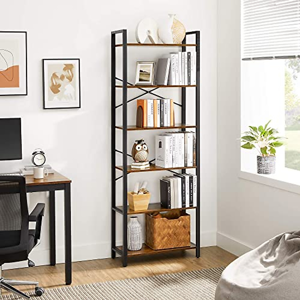 VASAGLE 6-Tier Tall Bookshelf, Large Bookcase with Steel Frame, Deep Book Shelf for Living Room, Home Office, Study, 11.8 x 26 x 73.2 Inches, Industrial Style, Rustic Brown and Black ULLS062B01