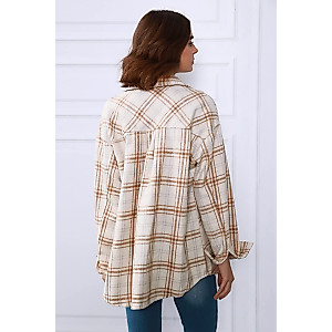 Trendy Queen Womens Flannel Shacket Casual Jacket Plaid Button Down Long Sleeve Shirt Fall Winter Outfits, Khaki, L