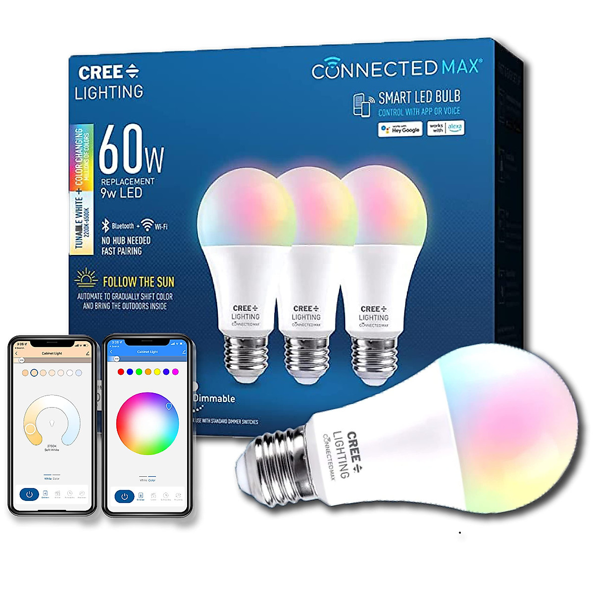 Cree Lighting Connected Max Smart Led Bulb A19 60W Tunable White + Color Changing, 2.4 Ghz, Compatible with Alexa and Google Home, No Hub Required, Bluetooth + WiFi, 3Pk (CMA19-60W-AL-9ACK-B3)