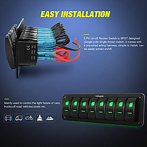 Nilight 8 Gang Rocker Switch Panel 5Pin On Off Toggle Switch Aluminum Holder 12V 24V Dash Pre-Wired Green Backlit Switches for Automotive Cars Marine Boats RVs Truck, 2 Years Warranty