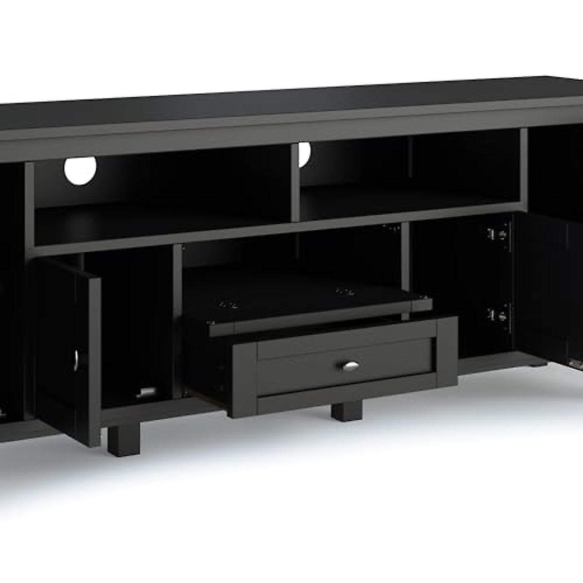 SIMPLIHOME Warm Shaker Style Solid Wood TV Media Stand, 72 inch Wide, Farmhouse Rustic, Living Room Entertainment Center, Storage Shelves and Cabinets, for Flat Screen TVs up to 80 inches in Black