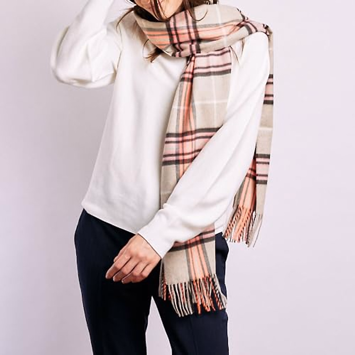 Fraas Cashmink® Scarf - Checkered Plaid For Women & Men - Warm & Softer Than Cashmere - Made In Germany - 14x79in - beige/pink