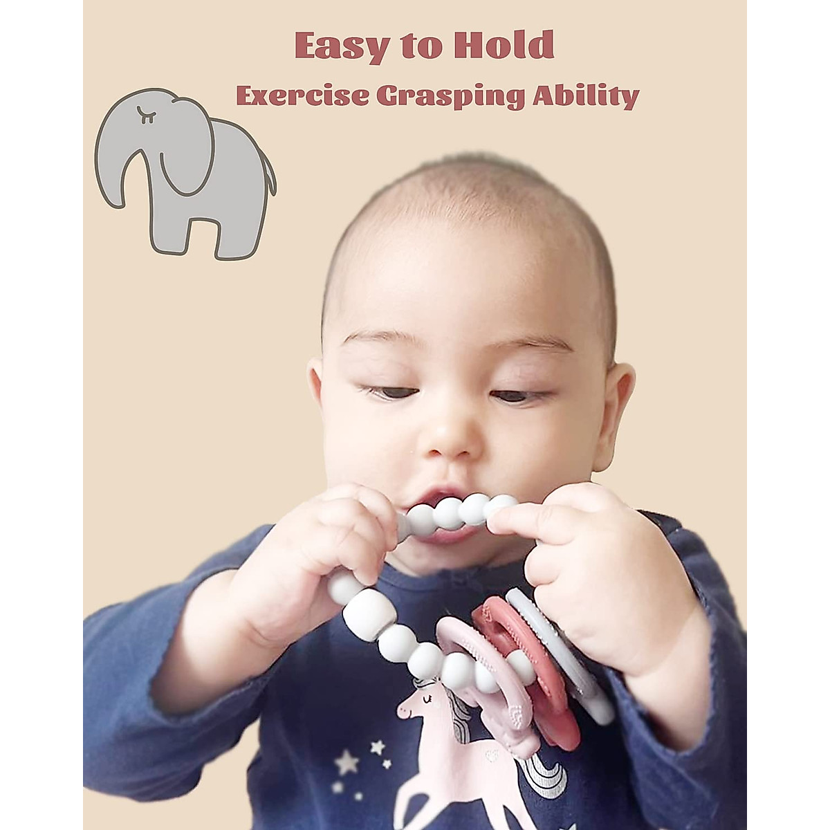 Teething Rings for Babies 0-6 6-12 Months Front and Molar Teething Relief Wearable Teether Bracelet Infant Toddler Chew Toys Ease of Grabbing, Elephant Rainbow Moon Shape, Baby Girl Gifts, BPA Free