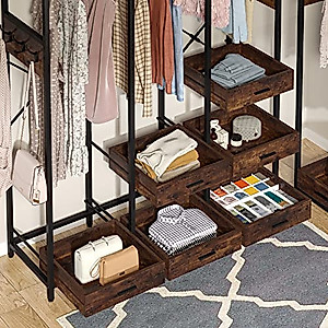 Tribesigns Closet Organizer with 6 Open Drawers, Heavy Duty Freestanding Clothes Garment Rack with 2 Hanging Rods, Shelf and Hooks, Large Metal Clothing Rack Open Wardrobe for Bedroom, Rustic Brown