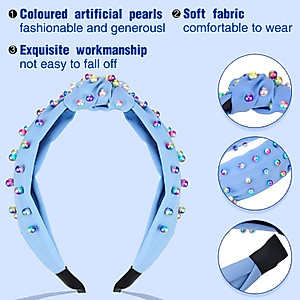 Embellished Hair Accessories for Women and Girls: Faux Pearl Knotted Headbands with Gems and Twisted Turban Design (Pink, Blue)