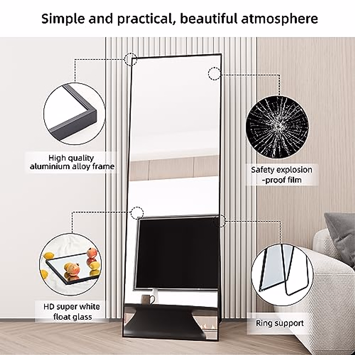 Full Length Full Body Mirror Wall Mirror Standing Mirror with Aluminum Alloy and Rectangle Design for Bedroom Living Room (59” X16”, Black)