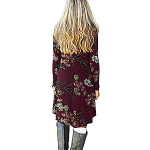 Womens V Neck Long Sleeve Casual Floral Printed Tunic Dresses Loose T-Shirt Dresses