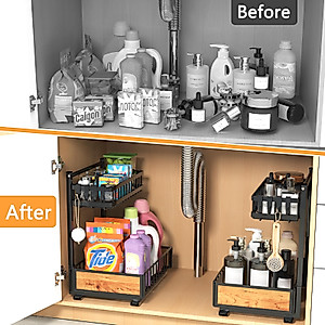 Under Sink Organizer, 2-Tier Pull Out Cabinet Organizer Under Kitchen Sink Organizer, Solid Wood Edge Beautiful-Use for Bathroom Laundry Kitchen