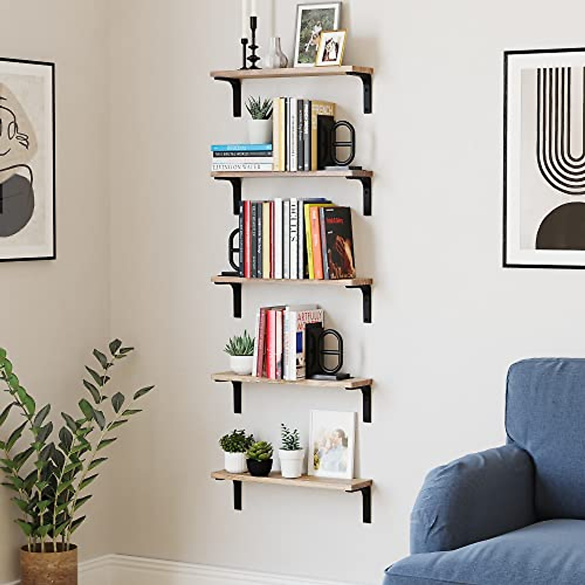 Wallniture Nola Floating Shelves for Wall Storage, Bookshelf Living Room Decor, Bathroom Organizer, 17" Wall Shelves for Bedroom, Kitchen Shelves Set of 5 Burnt Finish