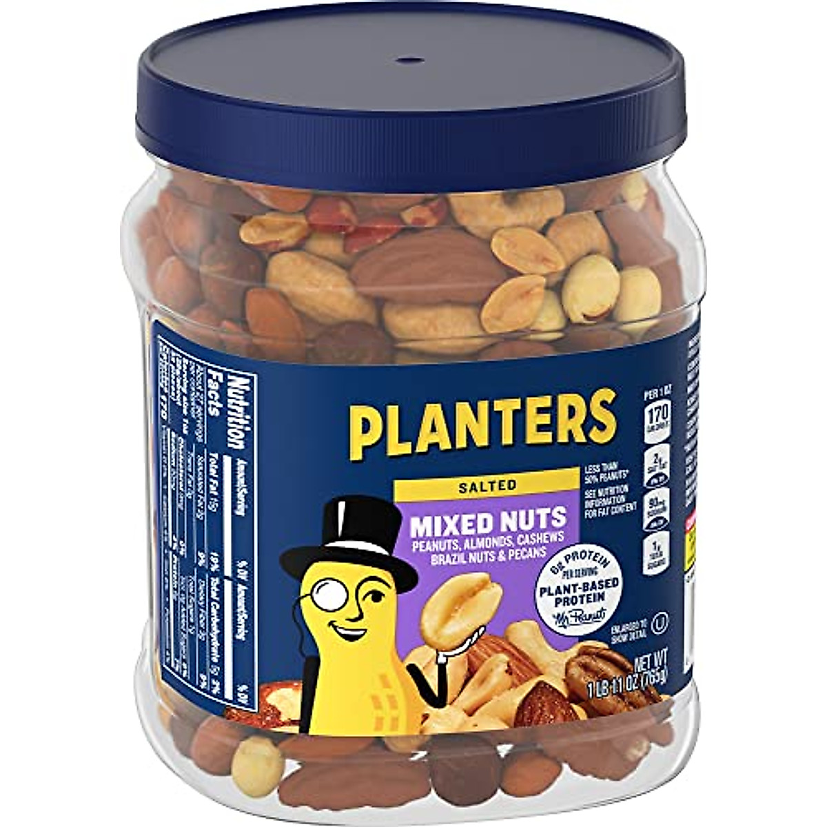 PLANTERS Mixed Nuts, Salted, 27 oz, Resealable Jar - Salted Nuts with Less than 50% Peanuts^ (*Nuts are Measured by Weight), Almonds, Cashews, Hazelnuts & Pecans - Kosher