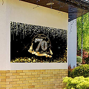 70th Birthday Party Decoration, Extra Large Black Gold Sign Poster 70th Birthday Party Supplies, 70th Birthday Banner Photo Booth Happy Birthday Backdrop Background, 72.8 x 43.3 Inch