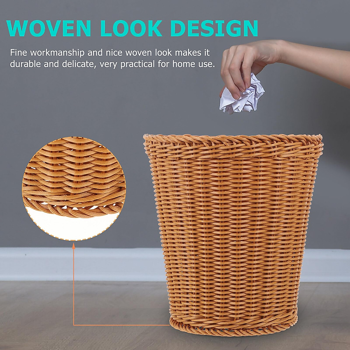 ABOOFAN Round Rattan Waste Baskets Wicker Woven Trash Can Rustic Garbage Containers Bin Flower Baskets for Home Bathroom Kitchen Office Brown