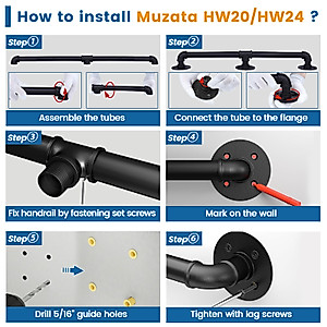 Muzata 1ft Staircase Handrail Black Pipe Handrail Door Barn Pull Handle Grab Bar Steps Hand Rail Galvanized Steel Industrial Style, HW24 BBG