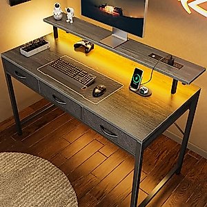 Huuger 47 inch Computer Desk with 3 Drawers, Office Desk Gaming Desk with LED Lights & Power Outlets, Home Office Desks with Storage Space for Bedroom, Work from Home, Gray