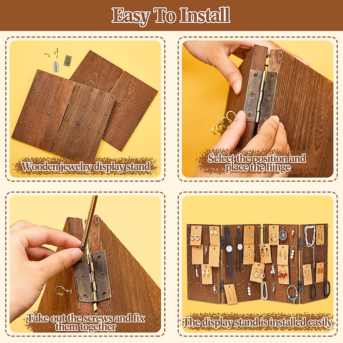 101 Pcs Foldable Wooden Jewelry Display Stand 64 Hooks Earring Display Rack for Selling Earring Display Cards 4 Panel Wood Jewelry Display Bracelet Organizer with Earring Cards for Business Home Using