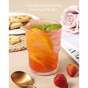 BJMEDYM Ribbed Glassesware 14 Oz Ripple Drinking Glasses Iced Coffee Glasses Glass Cup Set Of 6 Vintage Drinking Glasses Water Glasses Fluted Glassware Cocktail Glass Cute Glass Cups