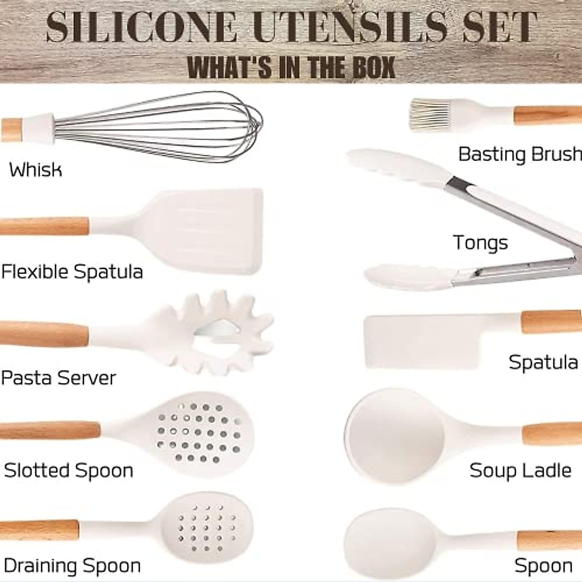 Silicone Kitchen Utensils Set | White Kitchen Utensils with Holder (11 PC) - Non Stick Kitchen Accesories for Cooking - White Kitchen Set with Wooden Handle by Five14